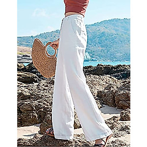 Hooever Womens Casual High Waisted Wide Leg Pants Button Up Straight Leg Trousers（White-L）