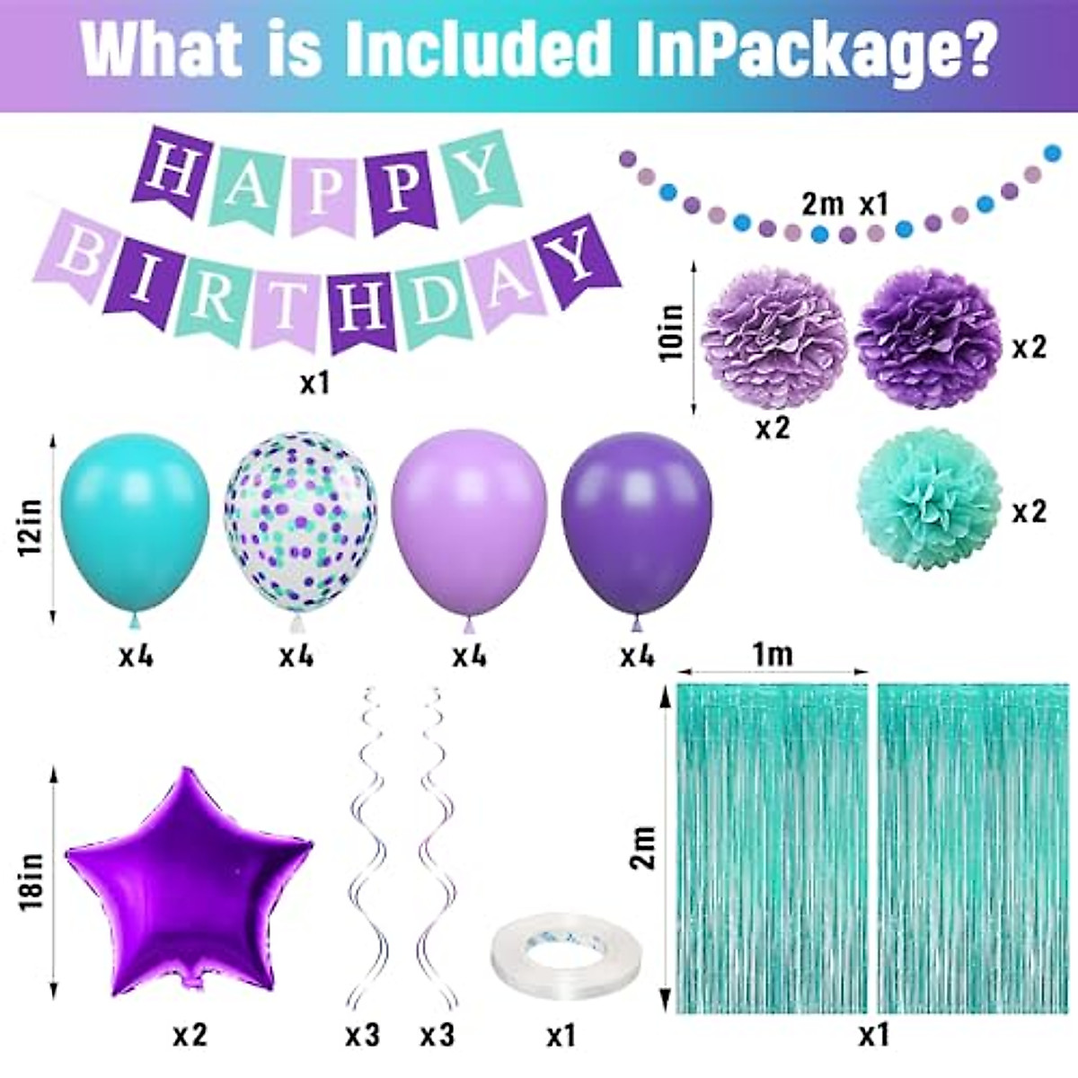 Mermaid Birthday Decorations Purple Teal Blue Party Balloons Happy Birthday Banner Dots Garland Purple Turquoise Green Fringe Curtain Pompom Swirls for Girl Women Birthday Baby Shower Party Decoration