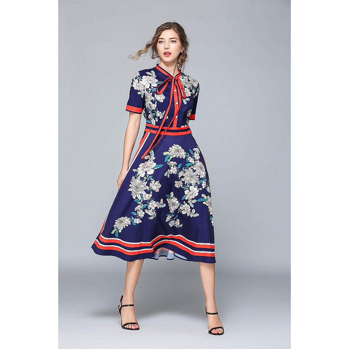 LAI MENG FIVE CATS Women's Floral Print Button up Midi Dress Casual A-line Shirt Dresses