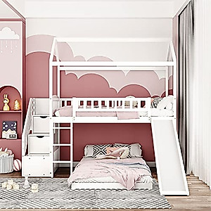 Bunk Bed with Slide, House Bunk Beds Twin Over Twin Stairway Bunk Beds Playhouse Bunkbed with Storage for Kids Toddlers Girls/Boys, White