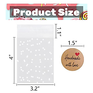 200Pcs Cookie Bags Self Adhesive Clear Plastic Cellophane Treat Bags with 200Pcs Stickers, Nistar 3.2" x 4" White Polka Dot Plastic Pastry Candy Bags for Candy Pastry Wedding Party Gift Giving Bakery Cookie Chocolate