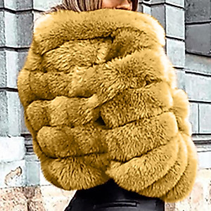 Women Luxury Fluffy Faux Fur Long Coat Jackets Open Front Solid Plush Outwear Winter Warm Oversized Overcoat Yellow