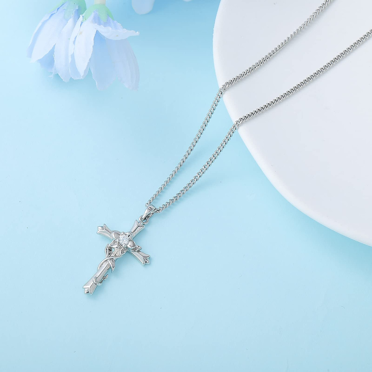 ACECHA Cross Necklace for Women-Dainty Faith Cross Pendant Necklace with Heart Flower Birthstone Jewelry for Mom Women Gifts, Birthday Anniversary