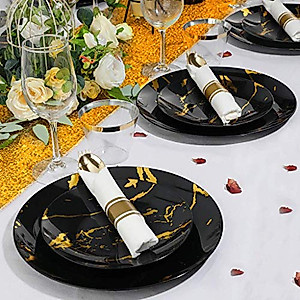 BUCLA 30Guests New Year Plates - Black And Gold Plastic Plates With Disposable Prewrapped Silverware Bulk And Gold Cups- Marble Design Disposable Plastic Dinnerware-Ideal For Thanksgiving and New Year