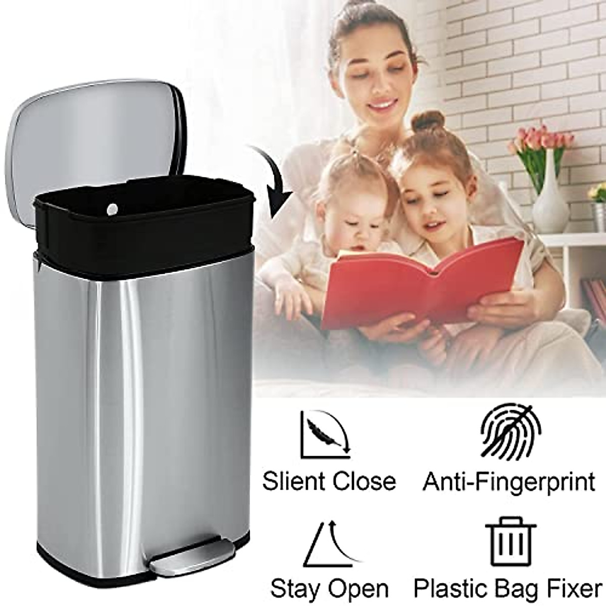 13 Gallon Steel Step Trash Can,Kitchen Trash Can with Lid & Inner Buckets , Stainless Steel Rectangular Garbage Bin , 50 L Pedal Soft Step Slow & Silent Open Close Dustbin for Kitchen, Office (Silver)