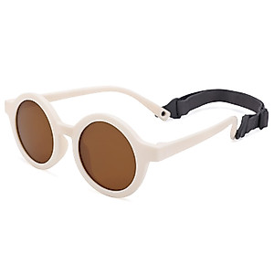 COASION Baby Polarized Round Sunglasses Flexible Rubber Shades with Strap for Toddler Newborn Infant Ages 0-24 Months (White/Brown)