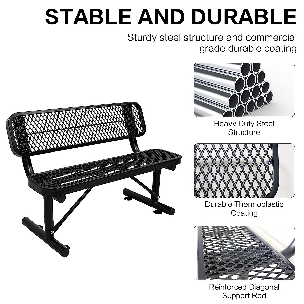 GOJLEX 6FT Outdoor Garden Bench, Metal Park Bench for 2-4 People, Patio Bench for Park, Garden, Yard, Front Porch, Path, Lawn Decoration, 900lb Weight Capacity (Black)