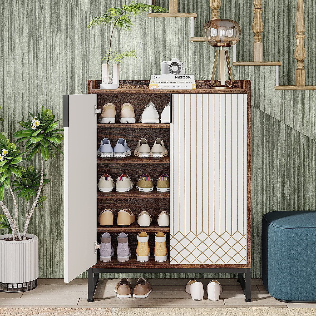 Tribesigns Modern Shoe Cabinet for Entryway, 25 Pairs Shoe Cabinet with Doors, Wood 5-Tier Shoe Organizer, Freestanding Brown Shoe Storage Cabinets with Black Metal Frame for Bedroom Living Room