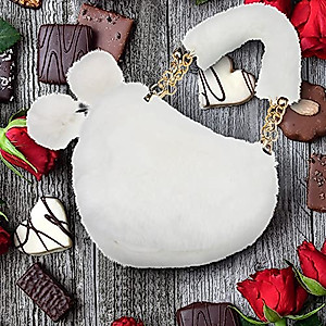 2 Pieces Furry Purse Soft Fluffy Faux Fur Heart Handbags for Women Girls Cute Christmas Valentines Day Gift (White, Pink)