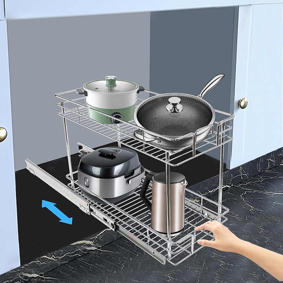 Gagalayong Under Sink Organizers and Storage, Pull Out Cabinet Organizer, 2-Tier Slide Out Kitchen Basket Sink Shelf Cabinet Organizers Adjustable L Shape Counter Organizers (10.5" W X 21.5" D)