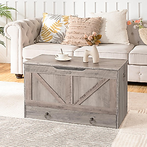 HOOBRO Storage Chest, 29.5" Toy Chest with Drawer, Wooden Storage Bench, Sturdy Entryway Bench Supports 220 lb, Shoe Bench, Safety Hinge, U-Shaped Opening, Easy Assembly, Greige BG71CW01