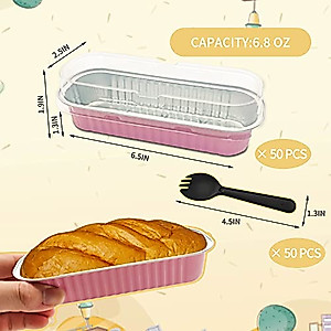 OYEL Mini Cake Pans With Lids 50 Pack, 6.8oz Disposable Rectangle Aluminum Foil Baking Pans,Aluminum Foil Long Baking Cups,cake Liners,Used for Cake Bakery Wedding Birthday Family Party - Pink