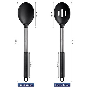 HOTEC Heat Resistant Large Silicone Cooking Spoon, Solid Slotted Spoons, Nonstick Kitchen Cookware Utensils, Mixing, Serving, Stiring Large Spoons, Black