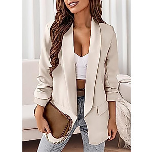 KIRUNDO Womens Fall Fashion 2023 Casual Blazers Long Sleeve Open Front Work Suit Office Blazer Jackets with Pockets(Beige White, Medium)
