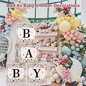 Heboland Wildflower Baby Shower Decorations Baby Boxes with Letters, 4 Pcs Baby in Bloom Thickend Cardstock Blocks Baby Banner, Box Clear Stickers for Girls Party Decor