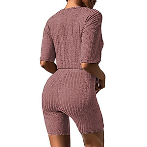 Ekouaer Pajamas 2 Piece Lounge Sets Ribbed Knit Matching Outfits T-shirt Biker Shorts Sleepwear Loungewear Sweatsuits Burgundy Large