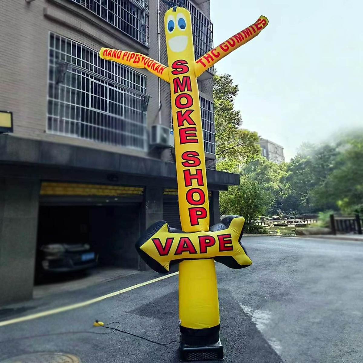 20ft Vape Smoke Shop Air Inflatable Tube Man Dancer with Arrow | Eye-Catching Hookah Hand Pipes Sky Wacky Waving Ultimate Brand Visibility | Both Side Printed Yellow | Cmpt. 18-inch (Without Blowers)
