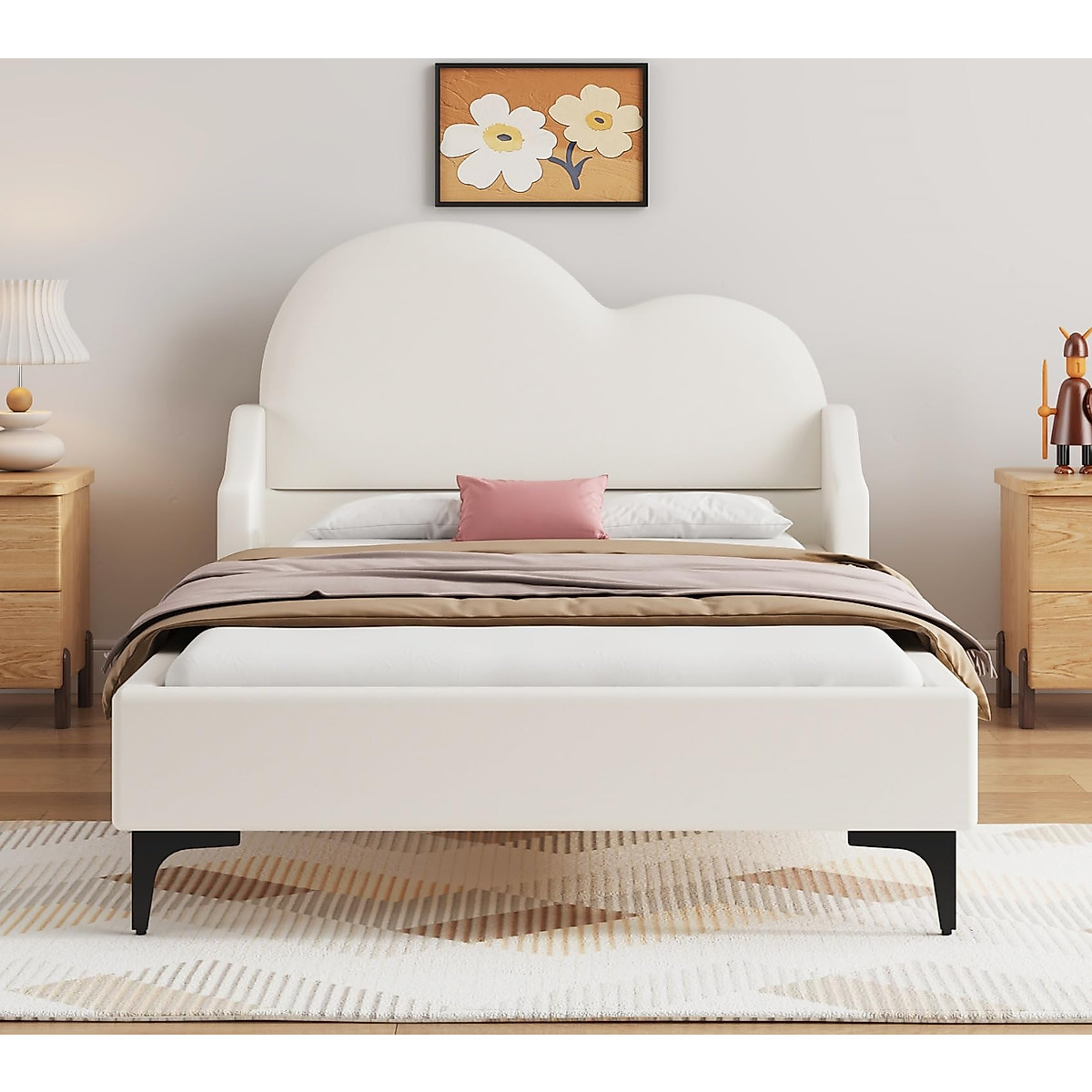 Merax Twin Bed Frames for Kids, Platform with Cloud- Shaped Upholstered Headboard, Beige