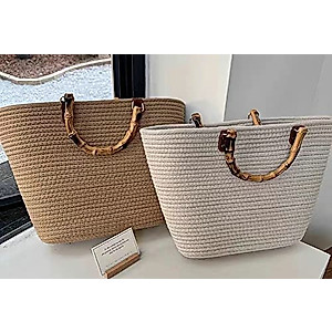 Women Straw Large Tote Bag Retro Bamboo Handle Strip Beach Handbag Summer Woven Handmade Elegant Travel Purse