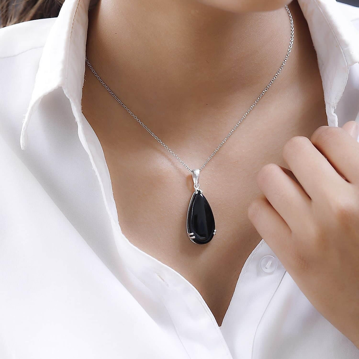 Shop LC Onyx Necklace in 925 Sterling Silver - Black Teardrop Pendant Necklaces for Women - Handmade Silver Boho Pendant - December Birthstone Necklace with Stainless Steel Chain - 20" Necklace