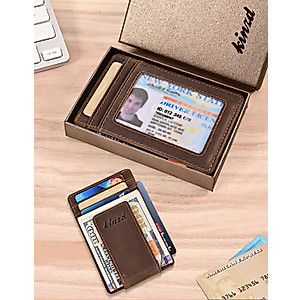 kinzd Money Clip, Front Pocket Wallet, Leather RFID Blocking Strong Magnet thin Wallet (Crazy Horse dark brown)