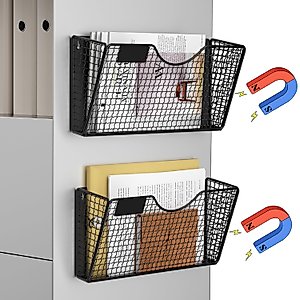 MFTEK Magnetic File Holder 2 Pockets File Folder Organizer, Office Hanging Magazine Rack for File Cabinets, White Board, No Drilling Paper Document Holder Mail Organizer for Refrigerator