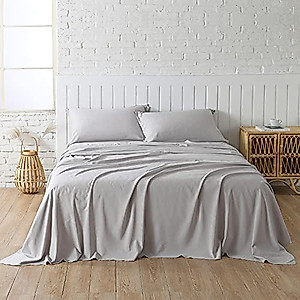 Light Grey Linen-Textured 55% Viscose from Bamboo 45% Cotton Sheets Set Queen Size, Soft Cool & Breathable Sheets for Hot Sleepers, Durable Natural Organic Bed Sheets 16" Deep Pocket - 4 Piece