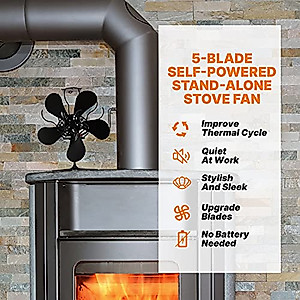 LerkeHony Wood Stove Fan Heat Powered, Fireplace Fan with Thermometer, Circulating Warm Air Saving Fuel Efficiently, for Wood/Log Burner/Fireplace, 5-Blade