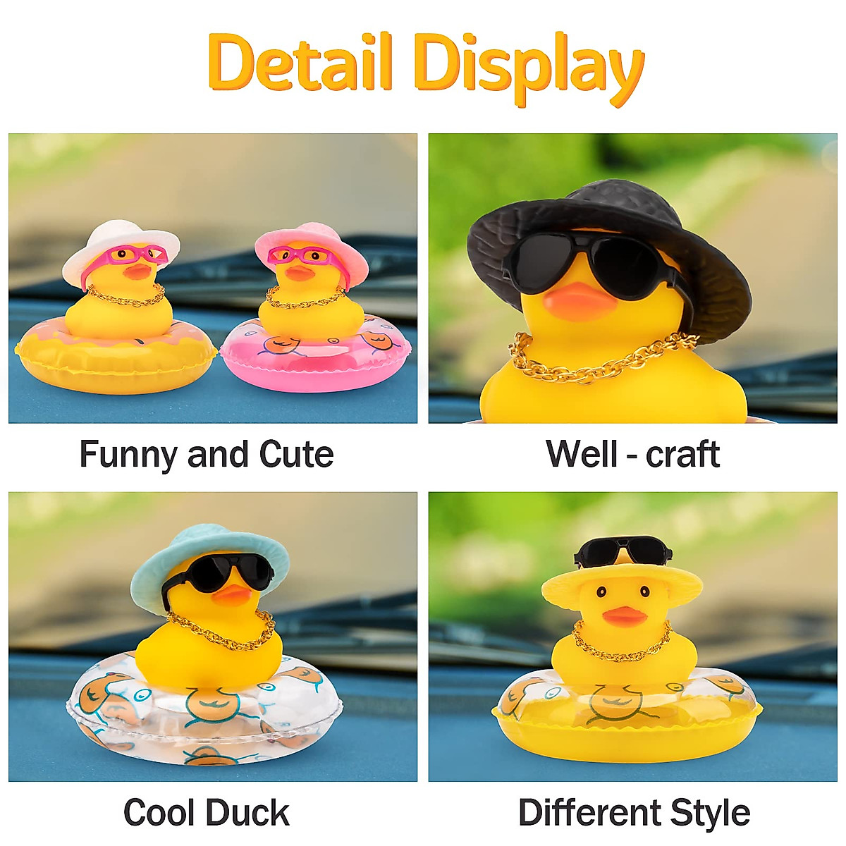 wonuu Car Rubber Duck Car Duck Decoration Dashboard Car Ornament for Car Dashboard Decoration Accessories with Mini Sun Hat Swim Ring Necklace and Sunglasses