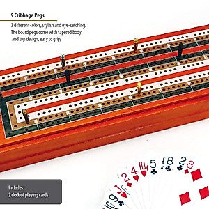 CRIBBAGE BOARD GAME SET. UNIQUE LARGE WOODEN CONTINUOUS 3 TRACK BOARD WITH LARGER STORAGE AREA, 9 METAL PEGS AND 2 DECKS OF PLAYING CARDS. TRAVEL PORTABLE CRIBBAGE PERSONALIZED BOARDS CARD GAME SETS
