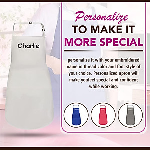 Personalized Aprons for Men and Women - Custom Apron with Embroidered Name - Unisex White Apron with Pockets for Kitchen Cooking Baking Restaurant BBQ Painting Crafting