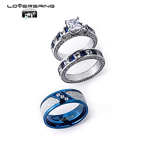 LOVERSRING 3pc Couple Ring Bridal Sets Women White Gold Plated Blue Sapphire Cz Man Titanium Band Wedding Ring for Him and Her