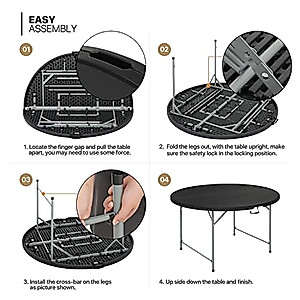 MoNiBloom 5Ft Folding Plastic Table, Heavy Duty Round Indoor Outdoor Tables for Kitchen Party Wedding Festival Event Poolside, Black