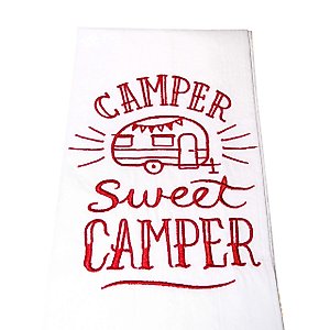 RV Camping Decor - Embroidered Flour Sack Towel - Red on White - Camper Sweet Camper - Handmade by Green Acorn Kitchen