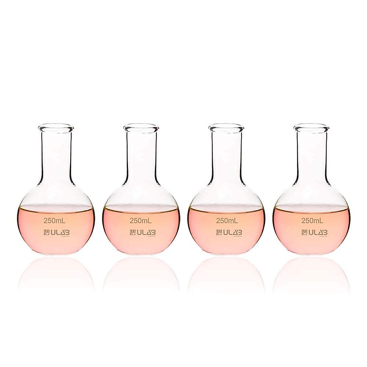ULAB Boiling Flask of Flat Bottom Set, 4pcs of Vol.250ml, Borosilicate 3.3 Glass Material, UBF1009