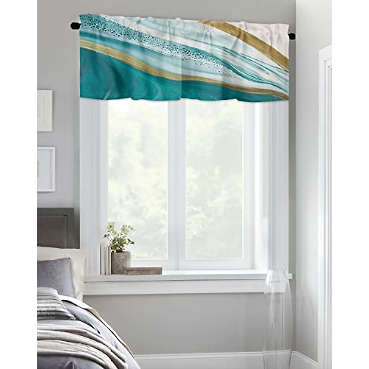 Abstract Curtain Valance for Window,Kitchen Rod Pocket Short Curtains Panel Turquoise White Gold Marble Texture Windows Treatment Drapes for Bathroom Living Room Decor 42x12In Stone Fluid Art