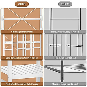 Homykic Bamboo Clothes Rack, Large Closet System Clothing Rack for Hanging Clothes, Freestanding Garment Rack with Shelves and 5 Rods, Open Wardrobe Organizer with 4 Hooks, 70”Wx77”H, White