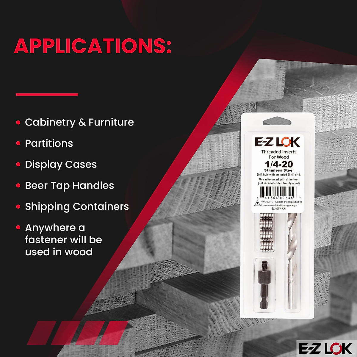 E-Z LOK 400-4-CR Threaded Inserts for Wood, Installation Kit, Stainless Steel, Includes 1/4-20 Knife Thread Inserts (6), Drill, Installation Tool