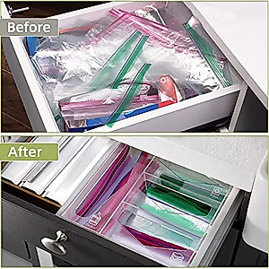 Food Bag Storage Organizer, KEPDTAI Ziplock Bag Organizer Holders Acrylic Kitchen Drawer Compatible with Ziploc, Solimo, Hefty, Glad, Gallon, Quart, Sandwich, Snack, Variety Size Bags (Clear)