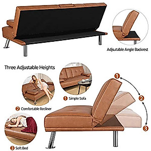 Topeakmart Adjustable Faux Leather Sofa Futon Modern Sofa Bed Convertible Sofa Couch Sleeper with Armrest Recliner Couch Home Furniture Brown