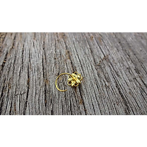 Emerald Nose Stud Crock Screw Flower Ring Gold Unique Indian Piercing CZ Simulated Diamond Jewelry, Green,White,Emerald