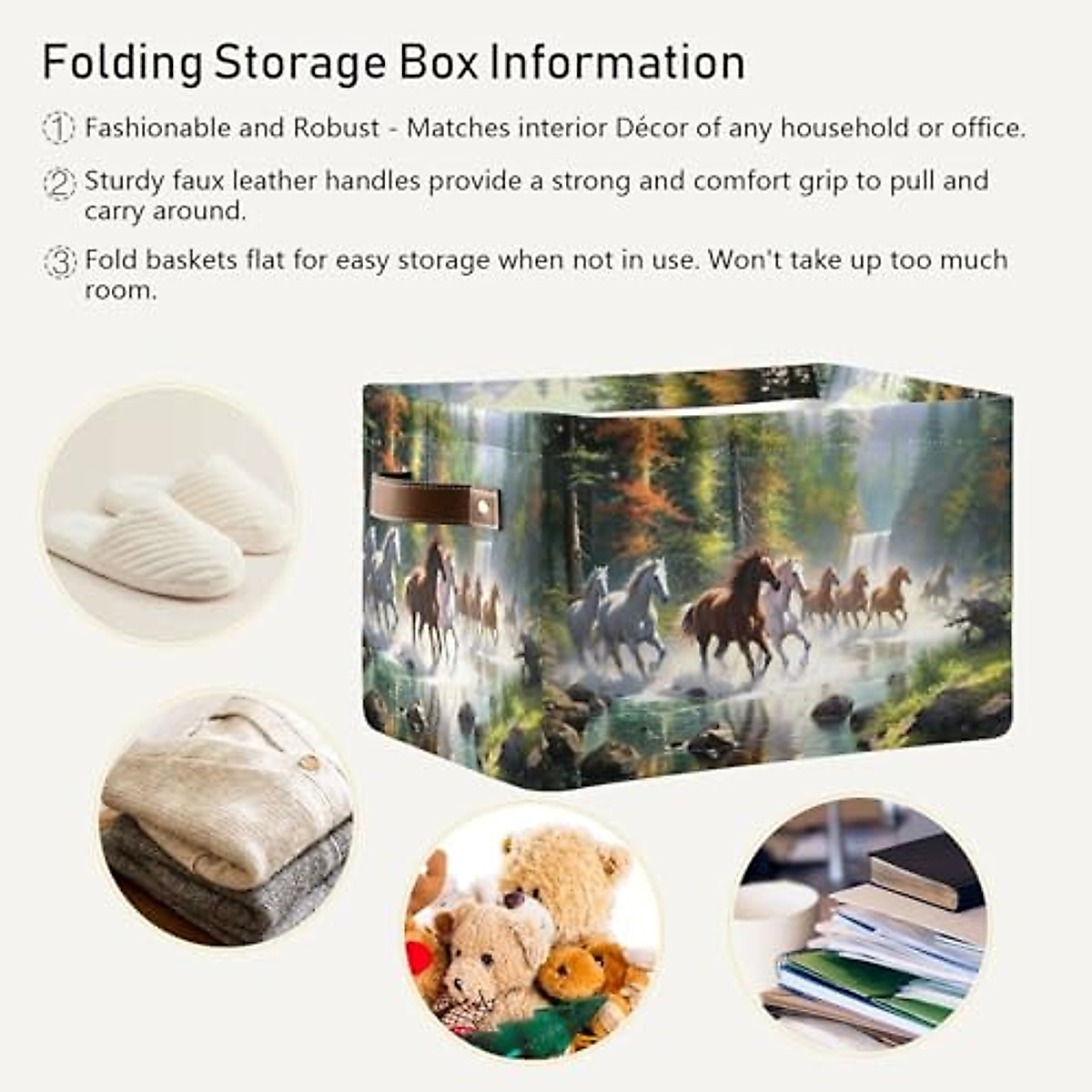 STAYTOP Large Storage Basket Collapsible Toy Storage Bins Waterproof Laundry Basket with Handle.Used for Home Closets, Offices, Bedrooms, Kids Toy and Gift Baskets-Running Horses（Rectangular）1PCS