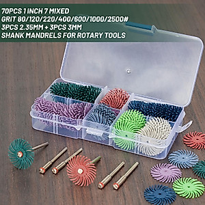 76Pcs 1 Inch Mini Radial Bristle Disc Mix Kit with 2.35mm/3mm Mandrels for Rotary Tools Accessories Cleaning Deburring Sanding, Grit 80/120/220/400/600/1000/2500 Abrasive Buffing Wheel Polishing Bits
