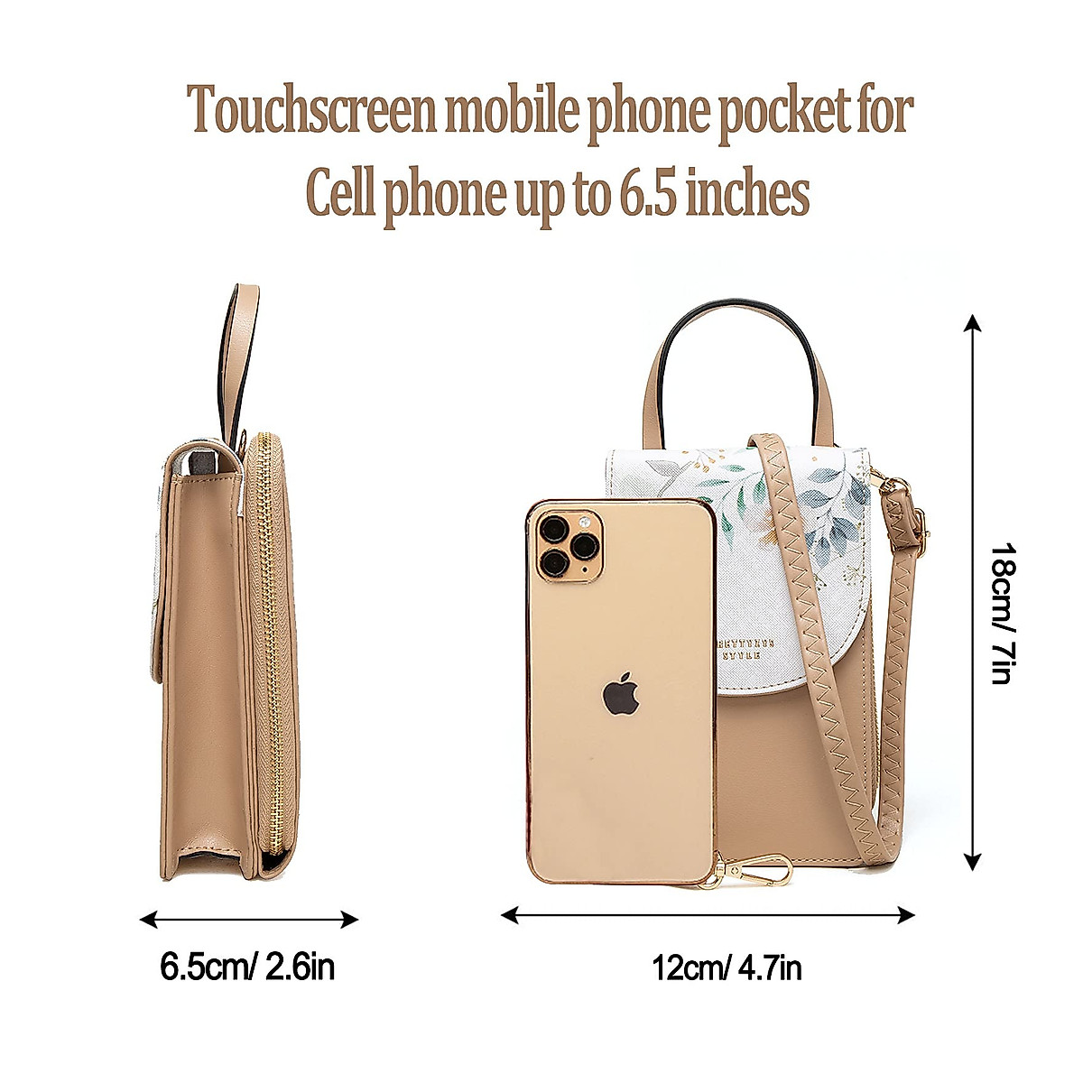 Skyearman Crossbody Cellphone Purse with Handle Womens Touch Screen Phone Bag Small Shoulder Purse for iPhone 1212 MiniXXR (Khaki)