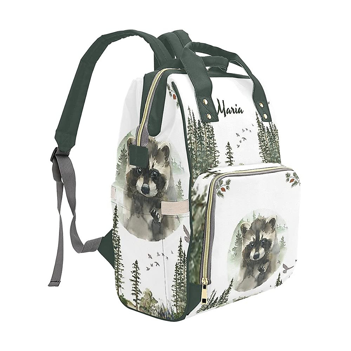 Woodland Forest Raccoon Diaper Bag Backpack with Name for Men Women Custom Personalized Nursing Baby Bags Shoulders Travel Bag Daypack