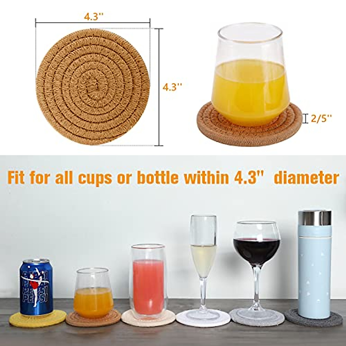 ABenkle 4 Pcs Coasters for Drinks ,Super Absorbent Drink Coasters, Stylish Handmade Round Woven Coaster for Coffee Table Tabletop Protection Housewarming Gift for Home Decor - 4.3 Inches