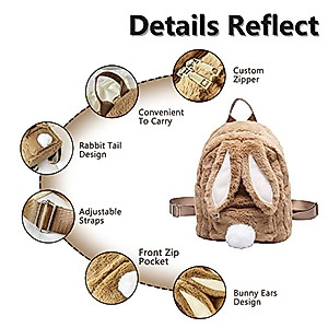 3D Plush Bunny Ear Girls Backpack Winter Kawaii Mini Schoolbag Teen Fluffy Aesthetic Small Students Bookbag Women Daypack (Coffee)