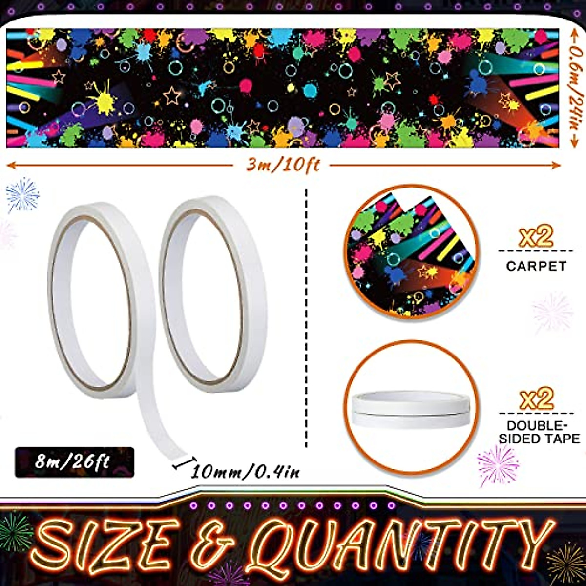 Neon Carpet Runner Neon Party Decorations Glow in The Dark Carpet Runner 80s Carpet Rug Neon Aisle Runner Light up Dance Floor Fluorescent Neon Birthday Wedding Christmas Party Supplies Favors,10 ft