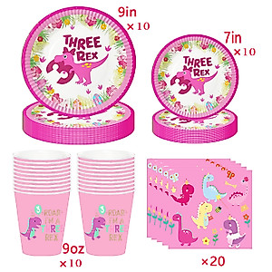 Pink Three Dino Rex Birthday Party Decorations Dinosaur 3rd Birthday Décorations Three inspired Rex Birthday Party Supplies include balloon backdrop knive fork spoon plate napkin cup tablecloth