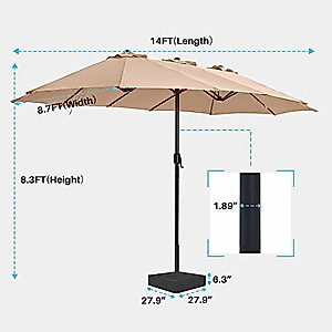 SUPERJARE 14FT Outdoor Patio Umbrella with Base Included, Extra Large Table Umbrella with Fade Resistant Canopy, Double Sided Outdoor Umbrellas for Pool, Deck, Market, Backyard-Beige